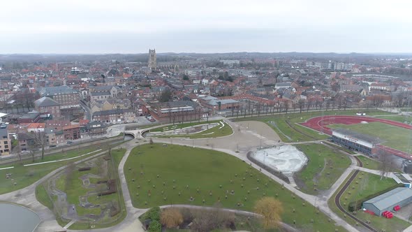 Aerial Shot Tongeren City and De Motten Recreation Park on Cloudy Day ...