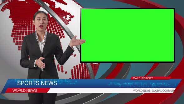 Live News Studio With Asian Female Anchor And Green Screen Television ...