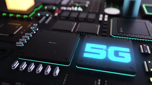 5g header. next generation chip and processor animation. big power ...