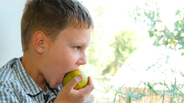 Boy Eating Apple And Looking At The Window, Stock Footage | VideoHive