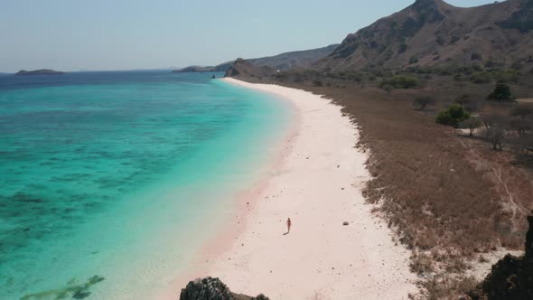 Drone Over Lone Female On Beach Of Komodo Coast, Stock Footage | VideoHive