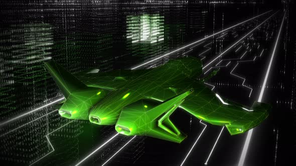 Testing projection of green fighter jet moving in the runway in cyber ...