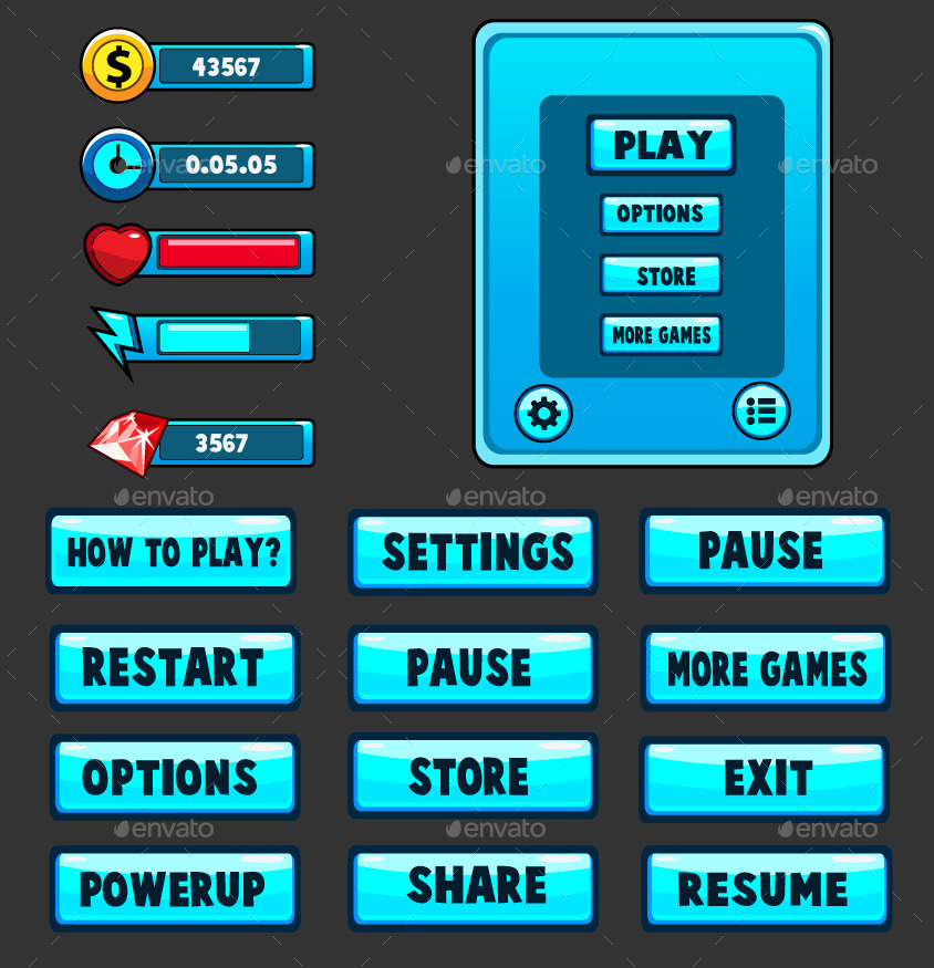 Mobile games GUI Pack-1 Blue theme, Game Assets | GraphicRiver