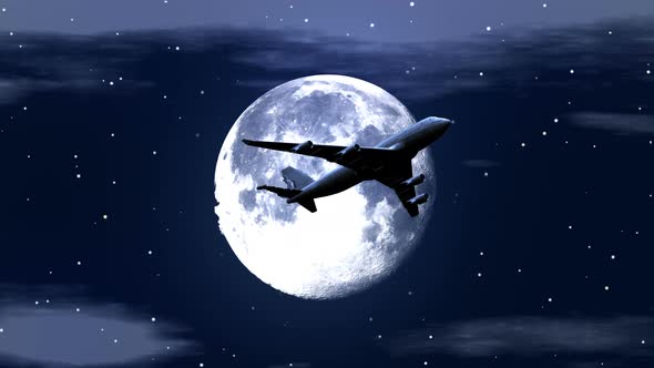 Airplane Flying over Moon in Starry Night, Motion Graphics | VideoHive