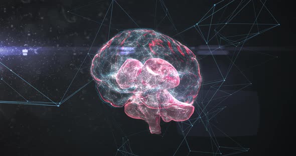 Spinning brain against network of connections on black background ...