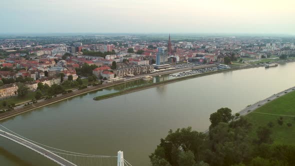 Aerial view of the Drava river and the city center in Osijek, Croatia ...