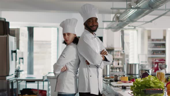 Portrait of Man and Woman Chefs Working on Gourmet Cuisine, Stock Footage