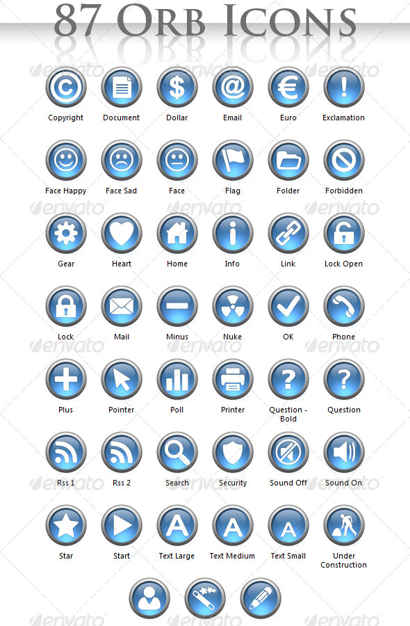 A collection of 87 Blue Orb Icons in Four Styles, Icons | GraphicRiver