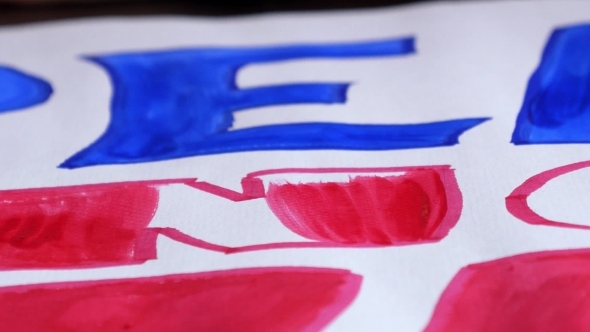 Drawing With Brush With Red Paint. Close Up. , Stock Footage | VideoHive