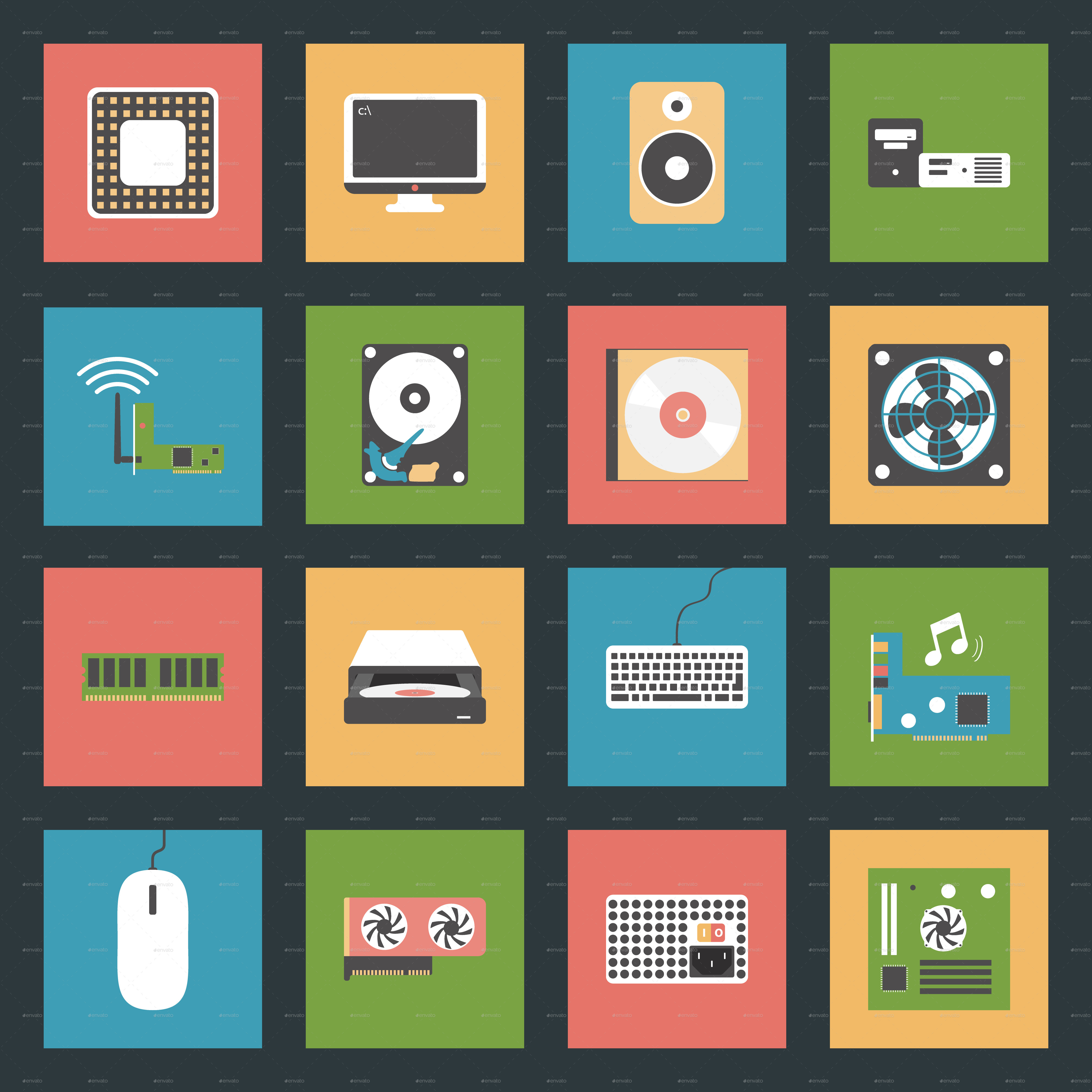 Computer Peripherals and Parts Flat Icons Set, Vectors | GraphicRiver