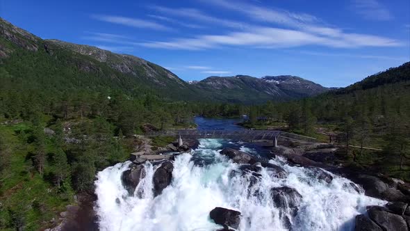 Aerial footage of waterfall Likholefossen in Norway, Stock Footage