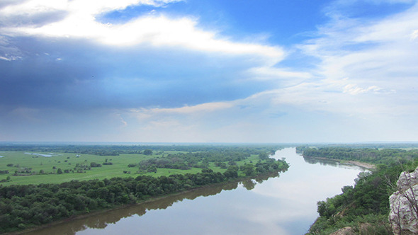 Landscape With River And Rain On Horizon, Stock Footage | VideoHive