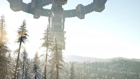 UFO Hovering Over a Forest at Sunset with Light Beam, Motion Graphics