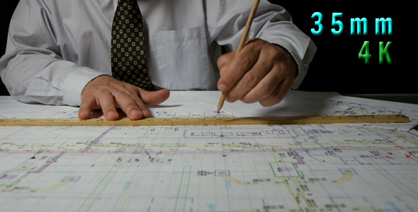 Architect Draws A Draft Using A Ruler 07, Stock Footage | VideoHive