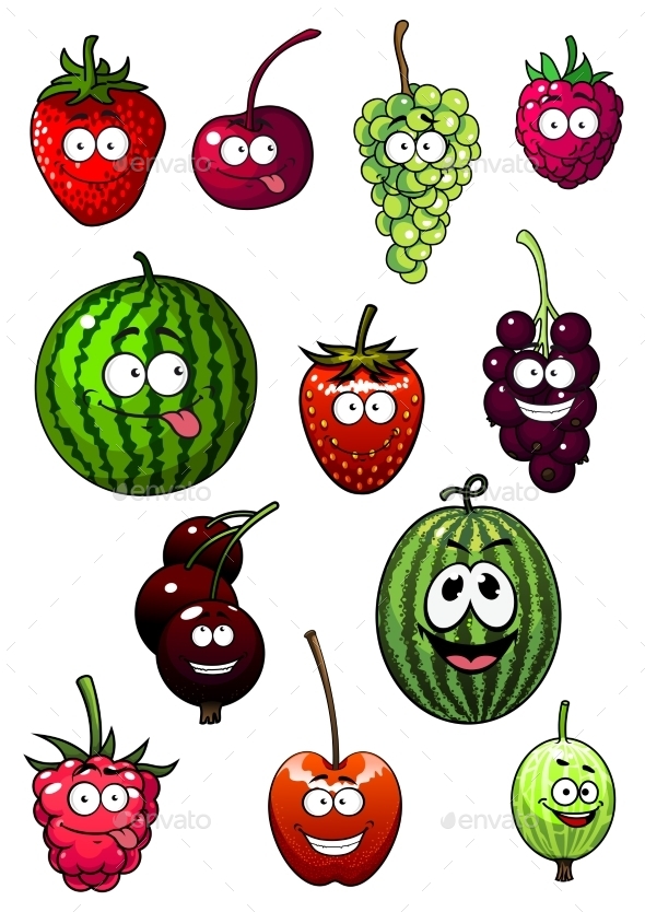 Fresh Cartoon Berries And Fruits by seamartini | GraphicRiver
