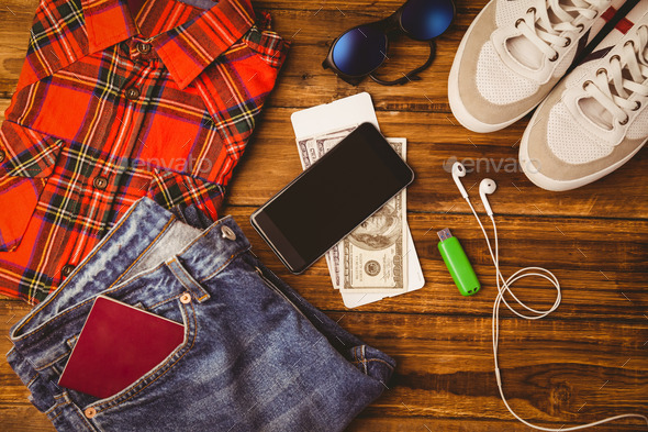 Differents objects using every days on wooden table Stock Photo by ...