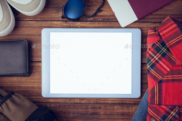 Differents objects using every days on wooden table Stock Photo by ...