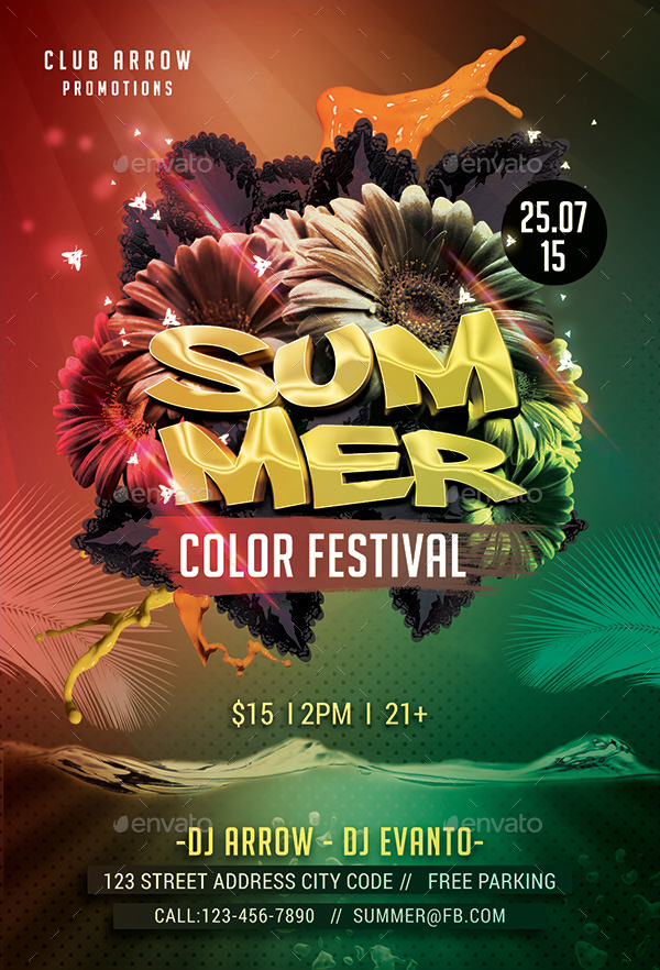 Summer Color Festival Flyer + Facebook Cover, Print Templates ...
