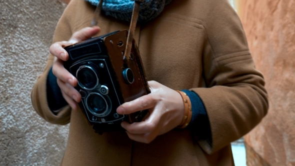 Woman Taking Shots With Retro Camera Outdoor, Stock Footage | VideoHive