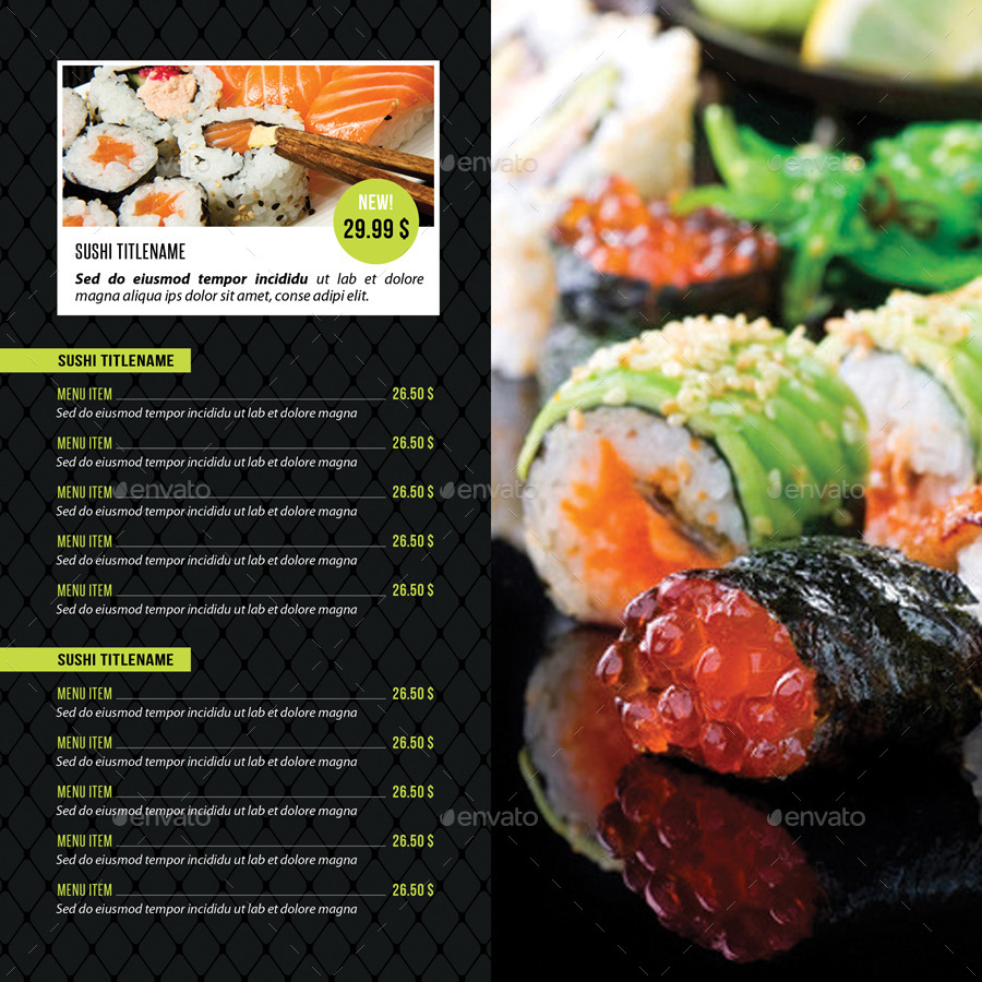 4 Sushi Restaurant Menu 3-Fold Brochure Bundle, Print Templates ...