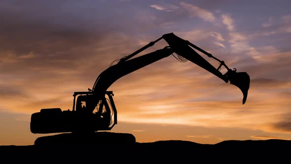 Excavator in Construction Site on Sunset Sky Background, Stock Footage