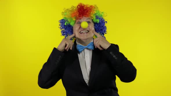 Senior Old Woman Clown in Wig Having Fun, Smiling, Dancing, Making Silly Faces, Stock Footage