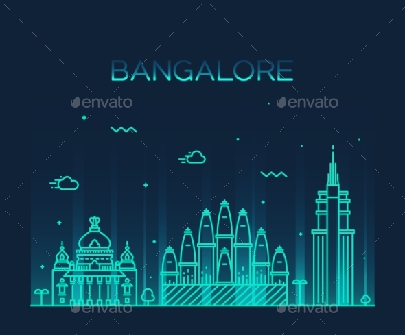 Bangalore Skyline Vector Illustration Linear by gropgrop | GraphicRiver