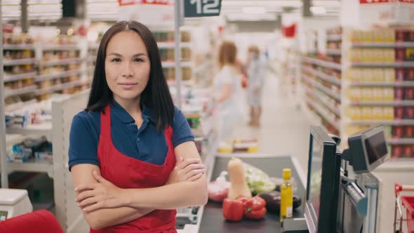 Portrait Of Pretty Cashier In Mall, Stock Footage | VideoHive