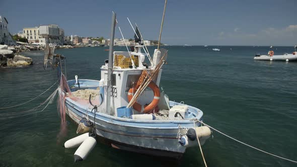 Fishing Boat Floating on Water, Drift Nets Lying on Deck, Ischia ...