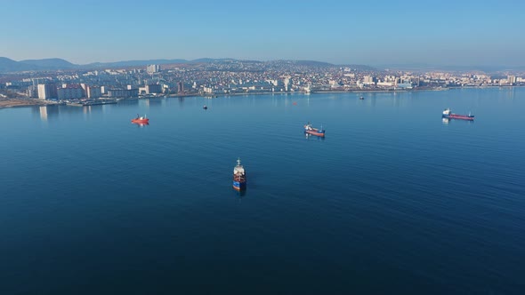 Aerial View of Several Large and Small Ships in Sea Bay, City View on ...