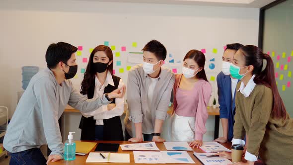 New normal group of Business man and woman wearing face mask meeting ...