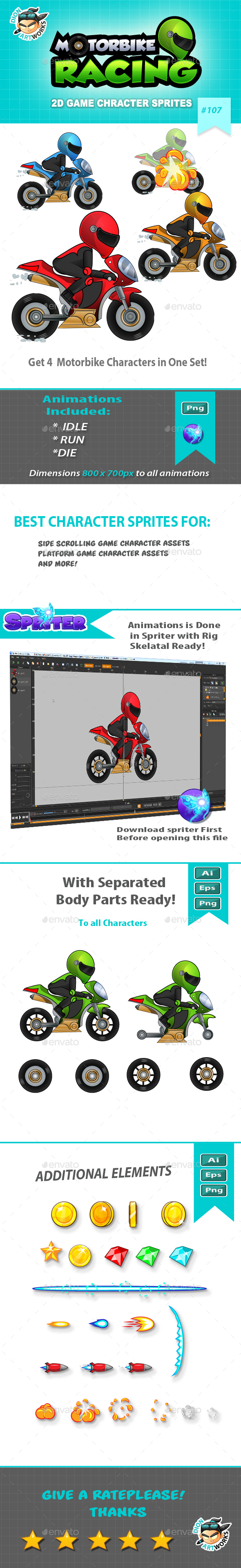 Racing Motorbike 2D Game Character Sprites by pasilan | GraphicRiver