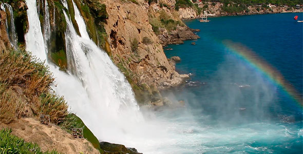 Waterfall with Rainbow over the Sea, Stock Footage | VideoHive