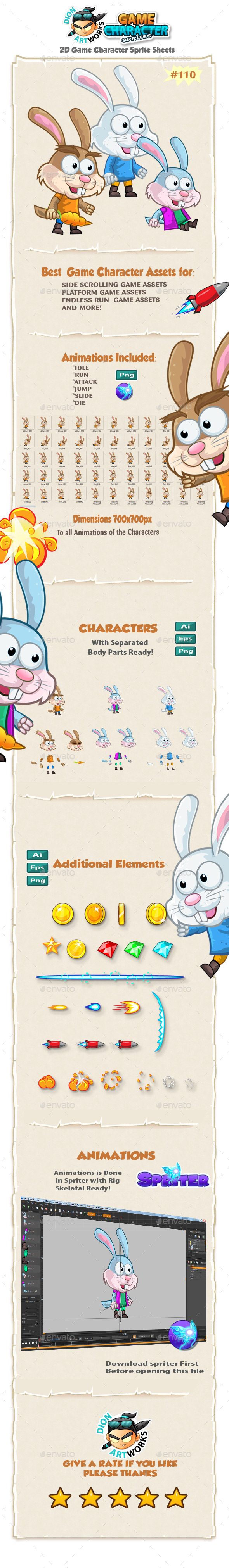 Rabbit 2D Game Character Sprites 110 by pasilan | GraphicRiver