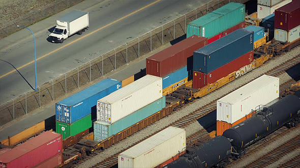 Cars Passing Railway Yard With Boxcars, Stock Footage | VideoHive
