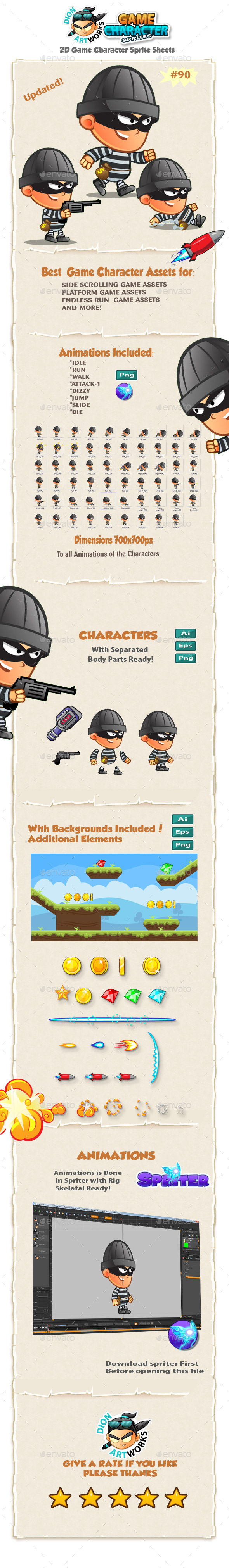 Robber 2D Game Character Sprites 90 by pasilan | GraphicRiver