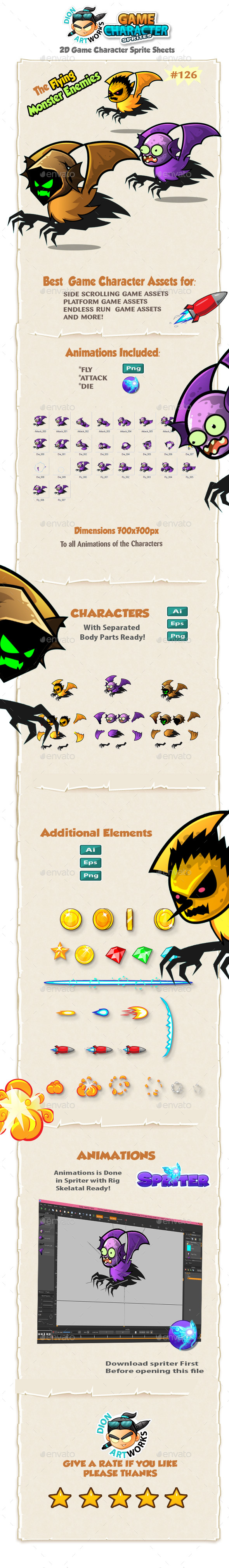 Flying Monster Enemies Charcter Sprites 126 by pasilan | GraphicRiver