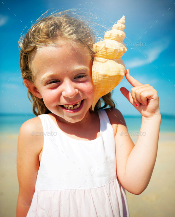 Girl Seashell Seashore Beach Summer Holiday Concept Stock Photo by Rawpixel