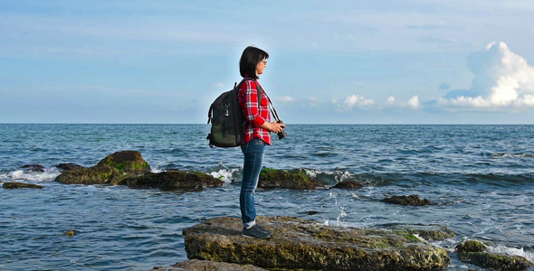 Hipster Girl Photographing Sea, Stock Footage | VideoHive