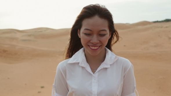 Asian Woman Smile Outdoor Desert Wind Blowing Hair, Stock Footage ...
