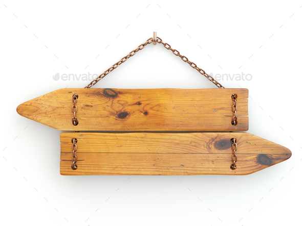 Directions. Old wood signboard on chain. Stock Photo by maxxyustas