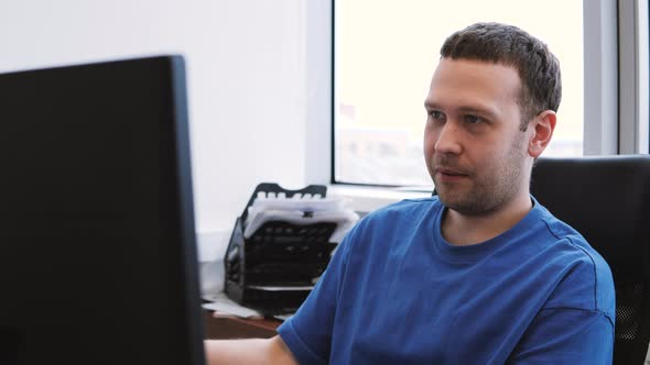 Young White Man Working Use Computer in Office, Stock Footage | VideoHive