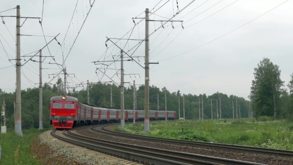 Train Moves Towards On Railroad Turn , Stock Footage | VideoHive