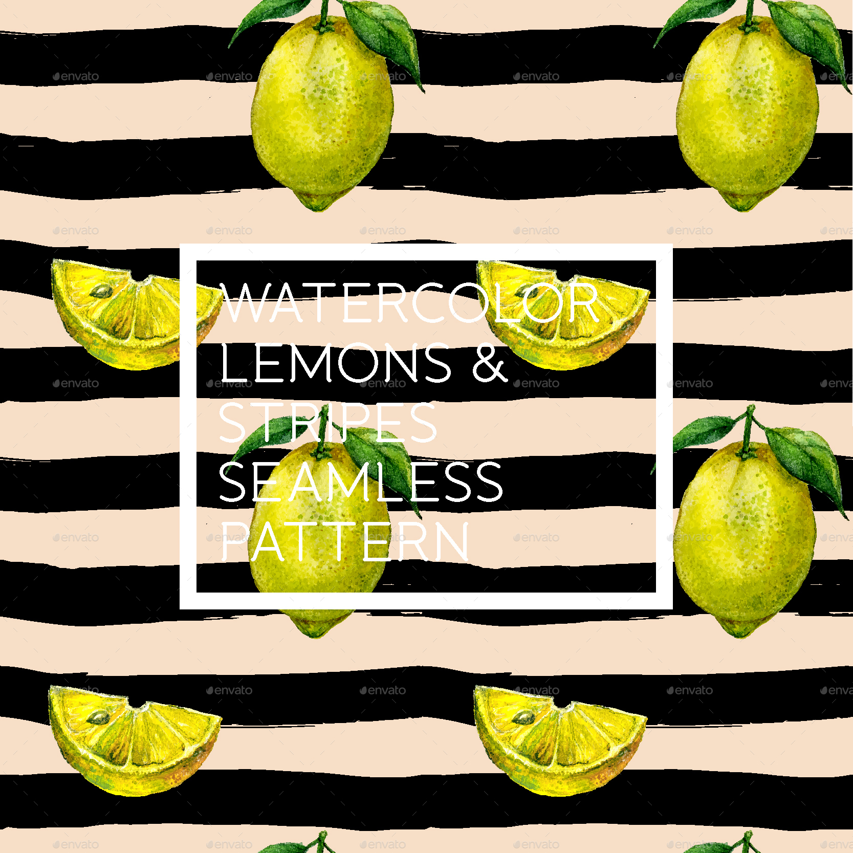 Vector Watercolor Lemons and Stripes Pattern, Graphics | GraphicRiver