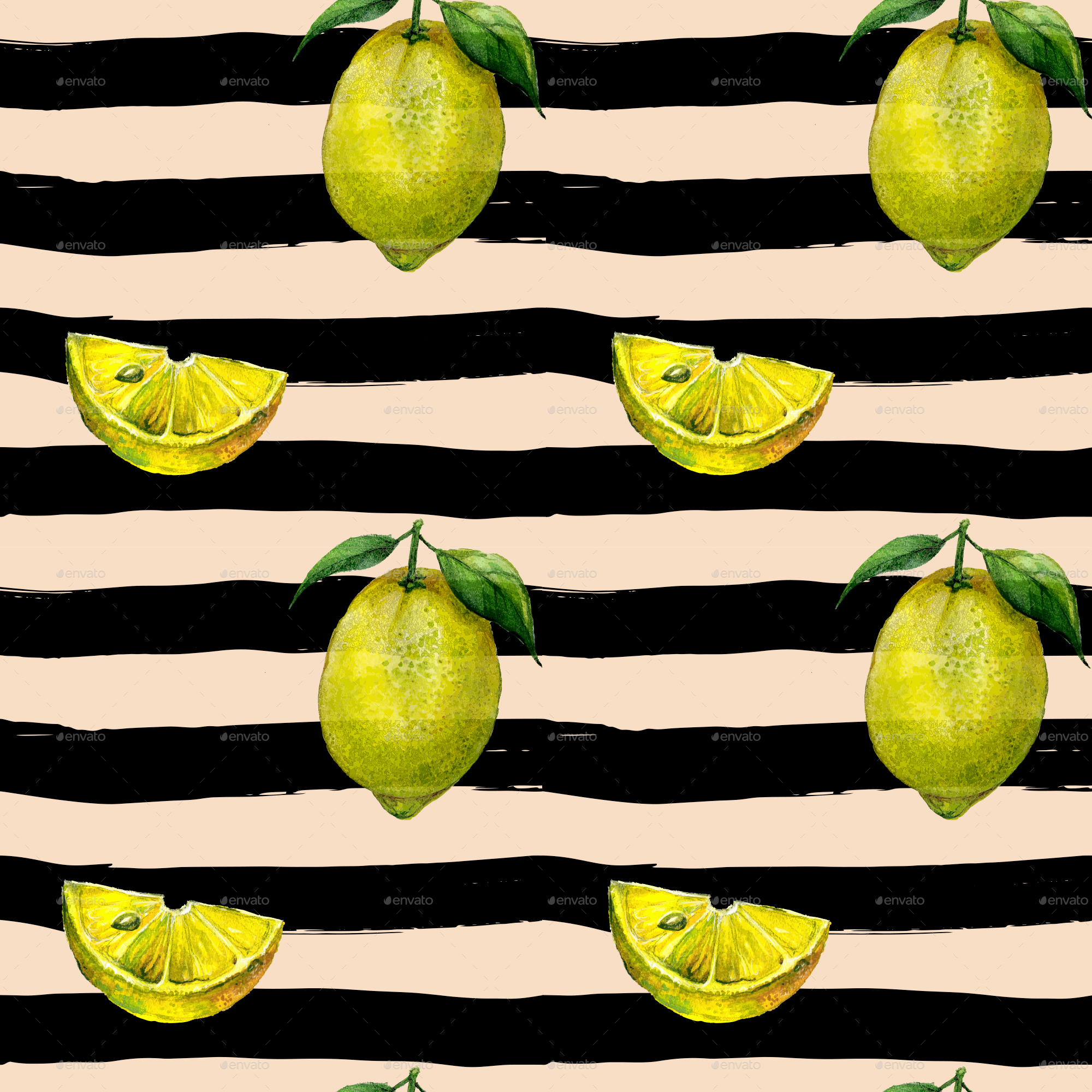 Vector Watercolor Lemons and Stripes Pattern, Graphics | GraphicRiver