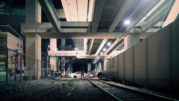 Underpass With Train Tracks In City At Night, Stock Footage | VideoHive