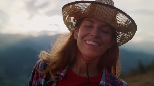 Closeup Attractive Traveler Face Smiling on Nature Portrait, Stock Footage