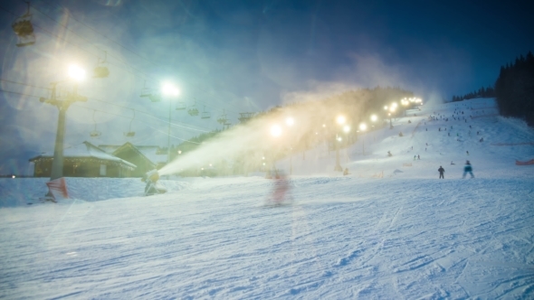 Night Skiing At The Ski Slopes And Snow Cannons, Stock Footage | VideoHive