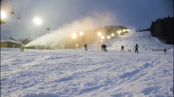 Night Skiing At The Ski Slopes And Snow Cannons, Stock Footage | VideoHive