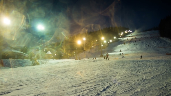 Night Skiing At The Ski Slopes And Snow Cannons, Stock Footage | VideoHive